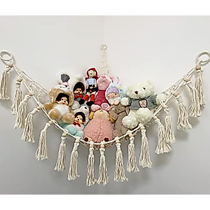 Stuffed Animal Hammock Macrame - Toy Hammock for Stuffed Animals - Stuff Animal Organizer Corner Storage Hanging Fringe - Stuffed Animal Display Holder Net Tassels for Nursery Décor, White (TH-003)