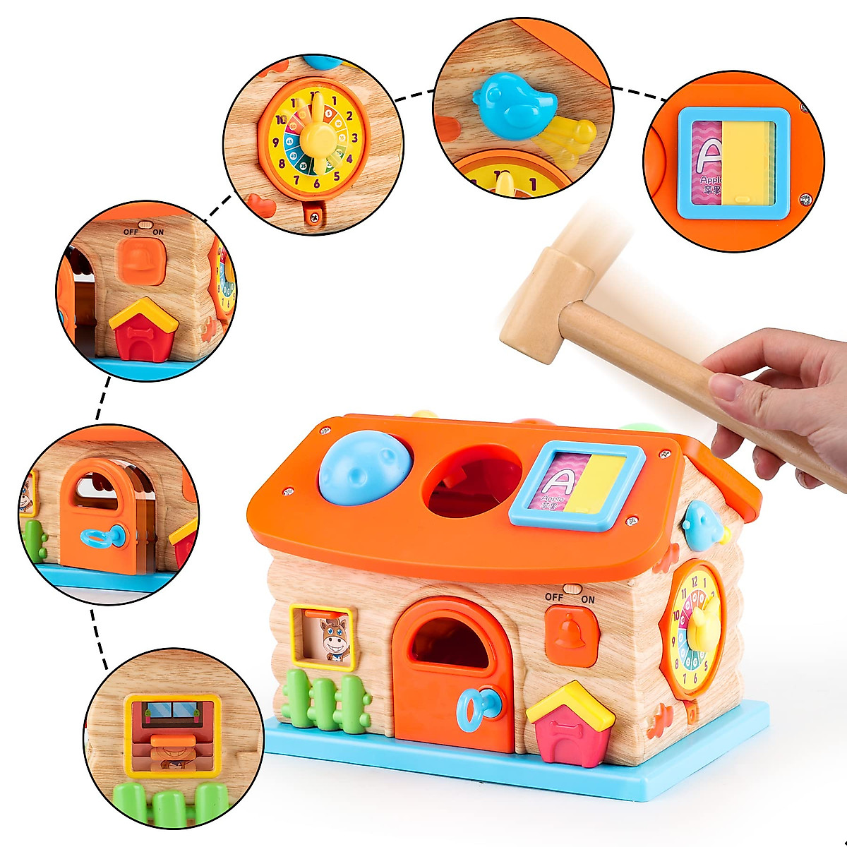 YUANLEBAO Hammering Pounding Toys Wooden House Educational Toy with Clock,Door Bell,Math,Music,Color Recognition.Birthday Gift for 3+ Years Boy Girl Baby Toddler Kids Developmental Montessori Toy