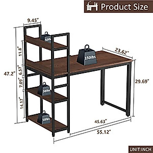 Napnapday 55 inch Computer Desk with Shelves, Desk with Storage Bookshelf Writing Table for Gaming Home Office Bedroom, Mahogany