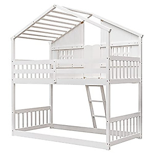 BOVZA Twin Over Twin House Bunk Beds with Roof and Window Door, Window Box, Ladder, Wood Playhouse Bunk Bed for Kids Girls Boys Teens, White