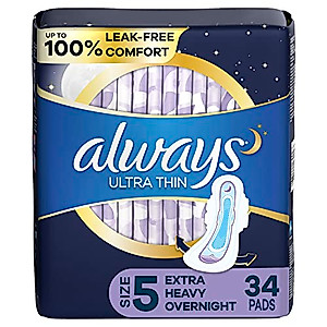 ALWAYS Ultra Thin Size 5 Extra Heavy Overnight Pads With Wings Unscented, Size 5, 34 Count