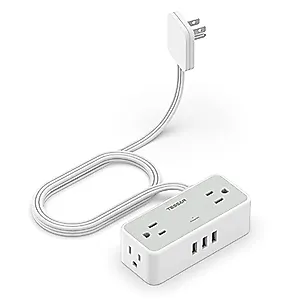 Ultra Thin Flat Extension Cord, TESSAN Surge Protector Flat Plug Power Strip 4 Wide Spaced AC Outlets 3 USB, 900 Joules 5FT Extension Cord for Home Office Dorm