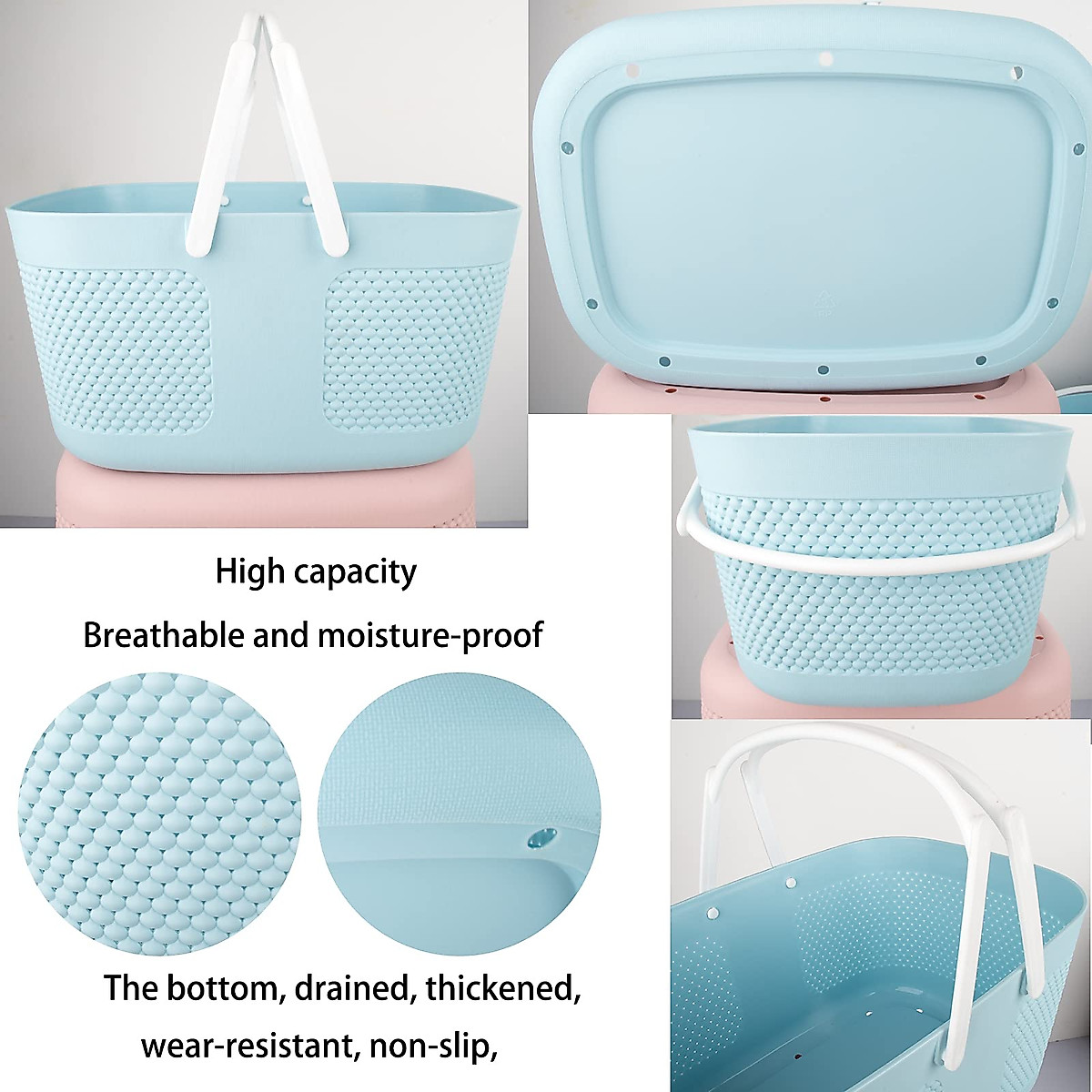Shower Caddy Basket, Portable Large Capacity Thickened Plastic Organizer Storage Tote with Handles Drainage Toiletry Bag Bin for Bathroom, College Dorm Room Essentials, Kitchen, Camp, Gym, Blue