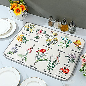18 x 24 Inch Kitchen Drying Mat Flower Herbs Dish Drying Mats for Kitchen Counter Dish Drying Pad Plant Absorbent Reversible Microfiber Leaves Plant Dish Mat for Drainer Rack Coffee Bar Decor