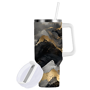ALAZA Black & Gold Marble Mountain 40 oz Tumbler Stainless Steel Water Bottle Vacuum Insulated Cup with Straw Lid & Handle For Travel Car Cup Holder