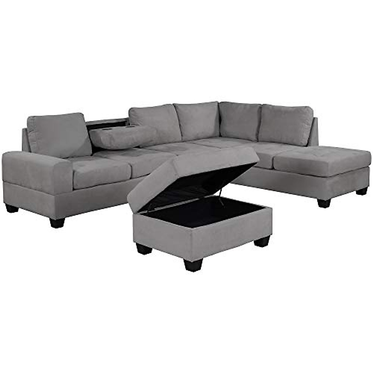 Verfur Fabric Upholstery Convertible Sectional Sofa with Reversible Chaise, L Shaped Couch with Storage Ottoman and 2 Cup Holders Corner, Light Gray 112"