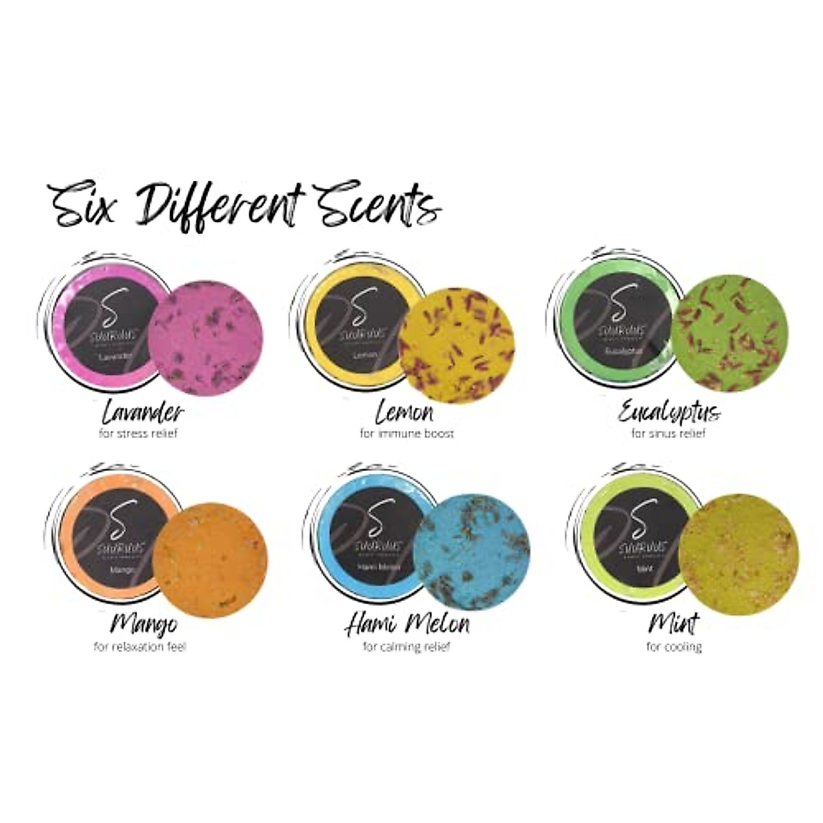 Suuruus Beauty Products Aromatherapy Shower Steamers Bombs Variety Pack of 6 pcs Essential Oil Scented Handmade Tablets- Eucalyptus, Mint, Lavender, Hami Melon, Mango and Lemon