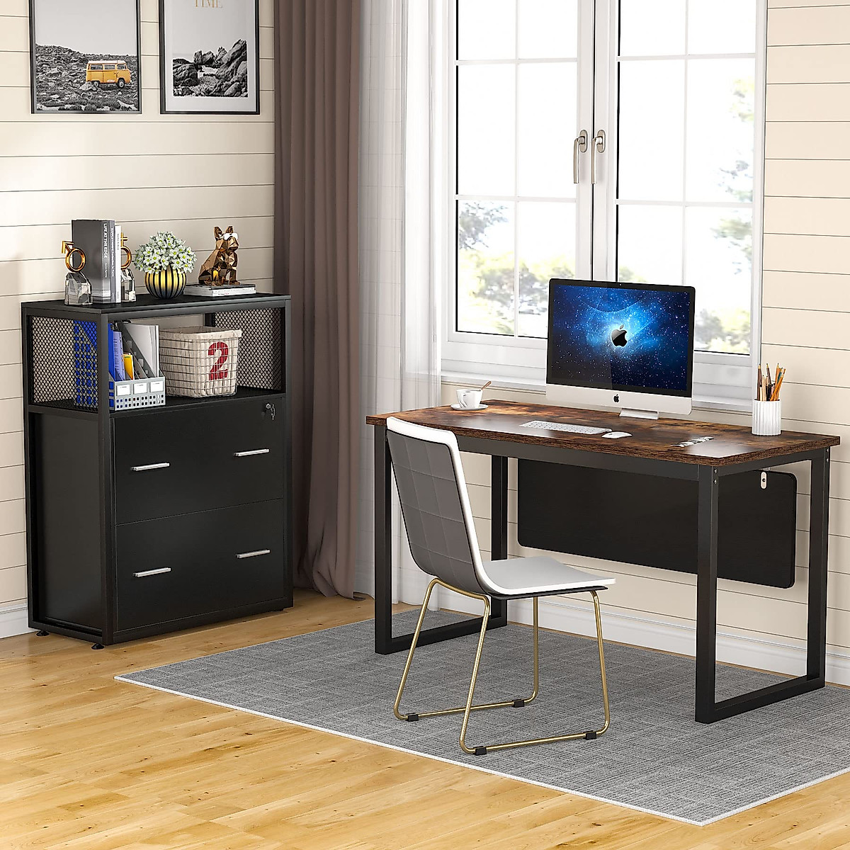 TRIBESIGNS WAY TO ORIGIN 2 Drawer File Cabinet with Lock, Large Lateral Filing Cabinet for Letter/Legal / A4 Size, Wood Printer Stand with Open Storage Shelves for Home Office (Black)