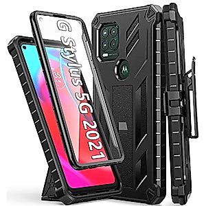 for Motorola Moto G Stylus 5G (2021) Case: Built-in Screen Protector Kickstand Full-Body Military Grade Three-Layer Protective Shockproof Rugged Phone Cover with Belt Clip Holster Black