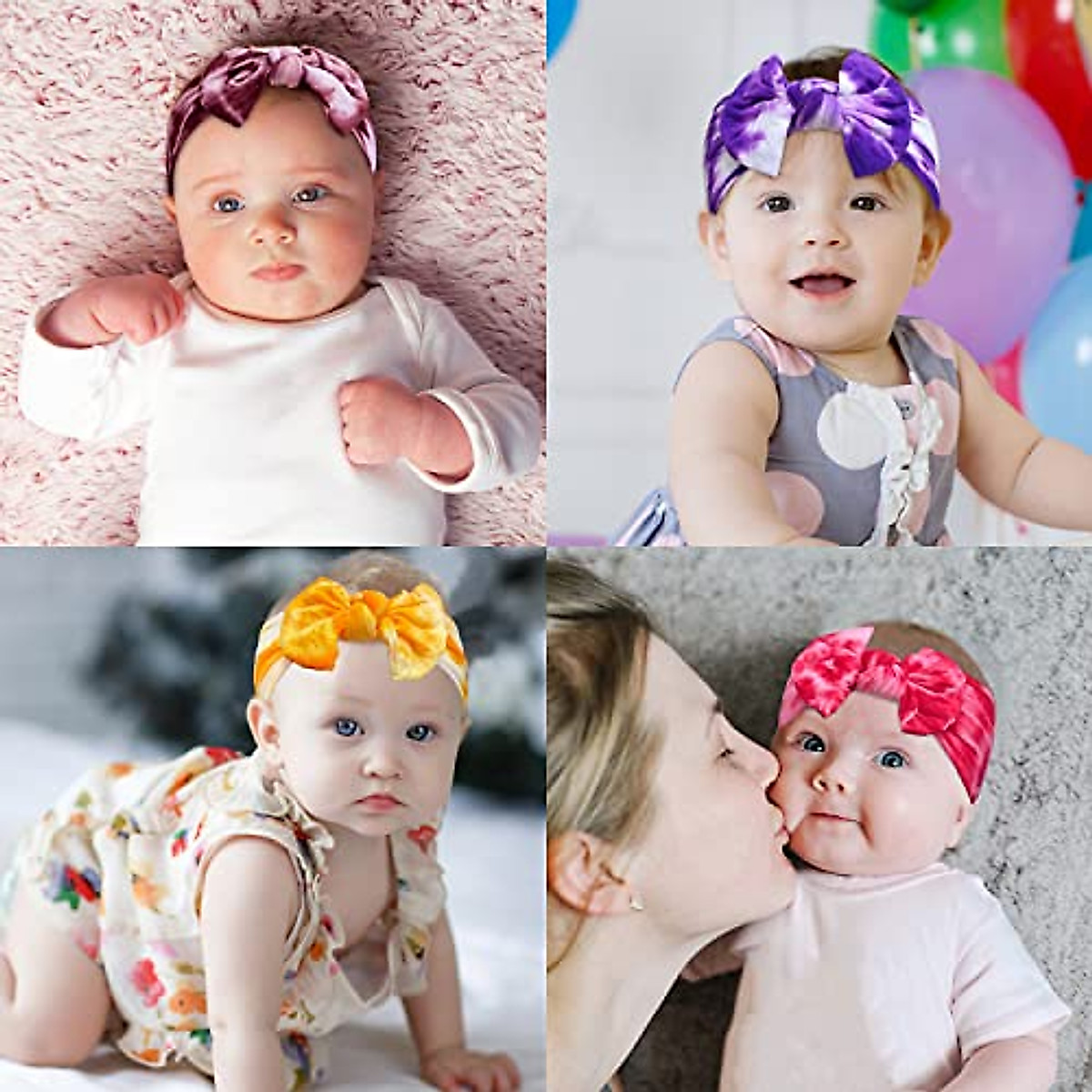 12 Nylon Bows Headbands with Soft Dye Bows for Newborn to 3 Months Baby Girls - Hair Accessories