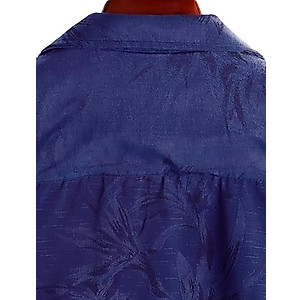 VATPAVE Men's Hawaiian Floral Jacquard Shirt - Casual Button Down Short Sleeve Summer Shirt With Pocket - XX-Large Navy Flower