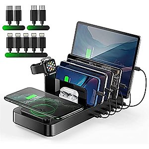 Wireless Charging Station for Multiple Devices, 8 in 1 USB Charging Dock with 10W Wireless Charger and 9 Short USB Cables for Phone/Tablets-Black