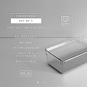 BINO | Oblong Plastic Drawer Organizer Bins, Light Grey- 2 Pack | THE ARTISAN+ | Multi-Use Organizer Bins | Soft-Grip Lining and Non-Slip Rubber Feet | Desk Drawer Organizer | Clear Vanity Organizer