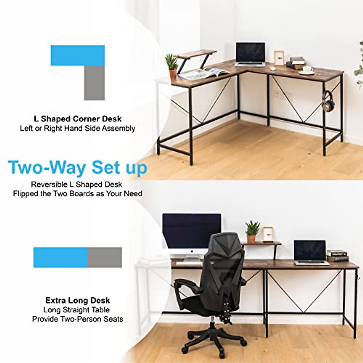 Narrow Entryway Table, Home Office Desk, Office Table, Computer Corner Desk with Monitor Stand, Space-Saving Computer Desk, Modern Wooden Desk, Easy to Assemble, Multi-Usage, Rustic Brown