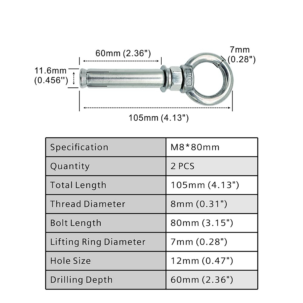 M8x80mm Ring Lifting Expansion Anchor Eyebolt 2 Pack Expansion Bolts Ceiling Hook Heavy Duty Bolts Anchor Fastener 304 Stainless Steel for Concrete Brick Wall