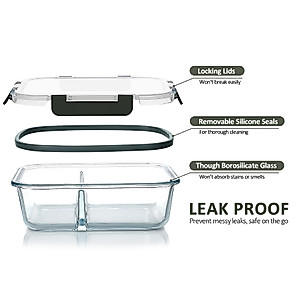 M MCIRCO [5-Pack,36 Oz] Glass Meal Prep Containers 2 Compartments Portion Control with Upgraded Snap Locking Lids Glass Food Storage Containers, Microwave, Oven, Freezer and Dishwasher (4.5 Cups)