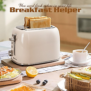 Aigostar Toaster 2 Slice, Retro Extra-Wide Slot Toaster for Toasting Bagel Breads Waffle & More with Cancel, Defrost Function and 6 Browning Setting, Removable Crumb Tray, Stainless Steel, Cream White