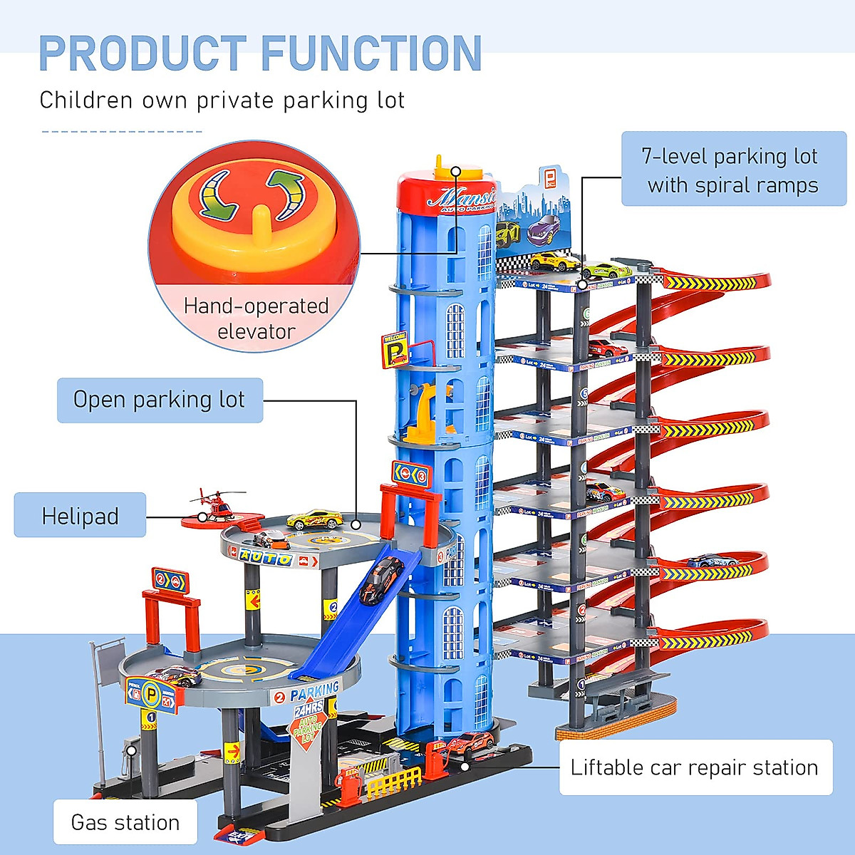 Qaba 7-Level Car Parking Garage Toy Race Tracks Car Ramp Set Toddler Car Games 96PCS w/Cars & Helicopter Elevator Gas Station Car Repair Station for 3-6 Years Old