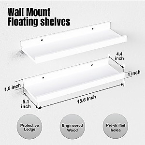 Boswillon Floating Shelves Wall Mounted Set of 2, Modern White Wall Shelves for Bedroom, Nursery White Shelves with Lip, Display Picture Ledge Shelf for Wall Decor Living Room Bathroom Kitchen - White