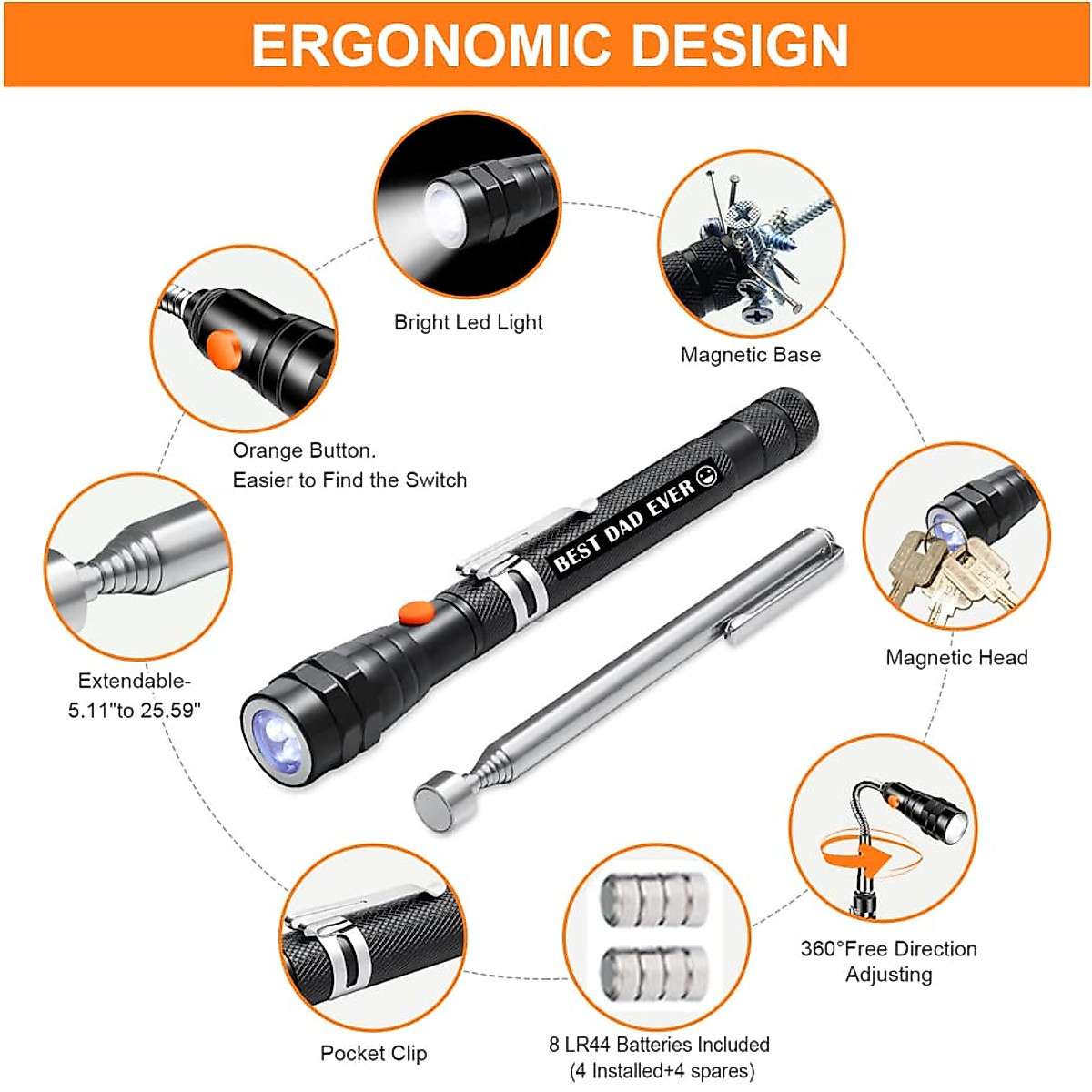 Magnetic Pickup Tools Gifts for Dad - Engraved "BEST DAD EVER" Telescoping Magnet Flashlight Pick Up Gadget Tool LED Light for Men, DIY Handyman, Father/Dad, Husband, Boyfriend, Him, Women URGENEX