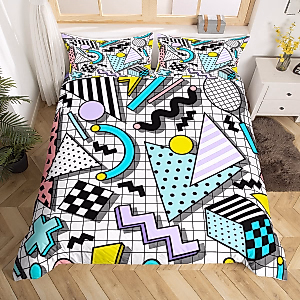 Memphis Style Duvet Cover Full Abstract Colorful Design with Dots Funky Bedding Set for Kids Child Girls Vintage Eighties Comforter Cover Memphis Fashion Bed Sets 80'S Style Retro 1980s Home Decor