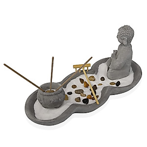 Japanese Mini Zen Garden Decor, Incense Holder with Buddha Statue for Relaxation and Meditation, Gift Set Perfect for Home and Office Decor