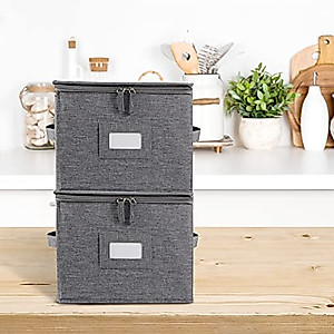 popoly China Storage Containers Inside 10" W x 8" H, Salad Plate Storage Box for Dishes Storage with 24 Felt Dividers, Hold 24 Plates, Hard Shell and Stackable (2 Pack Grey)