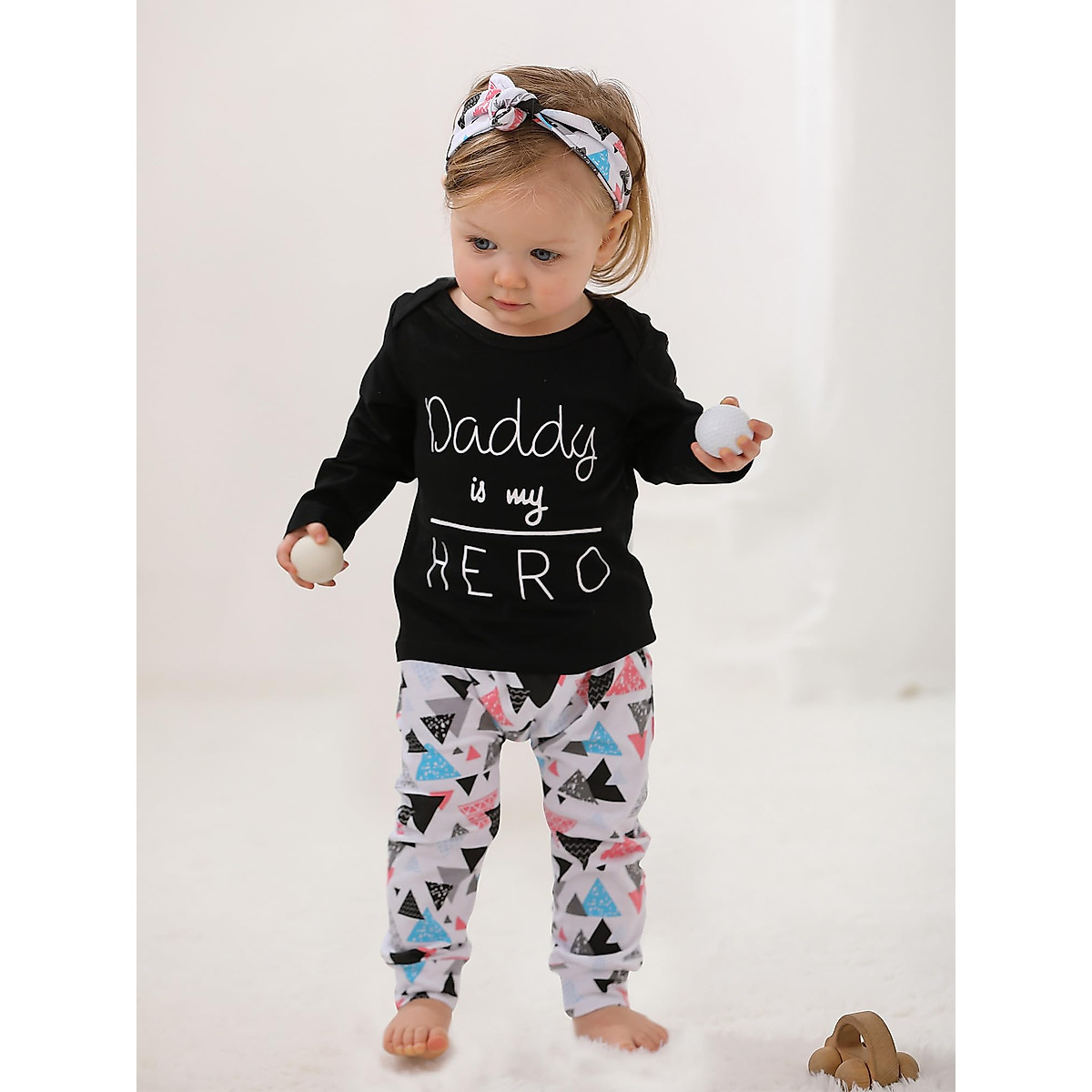Baby Girls 3Pcs Outfit Set Letters Daddy is My Hero T-Shirt Tops Geometric Pants with Headband (3-6 Months)