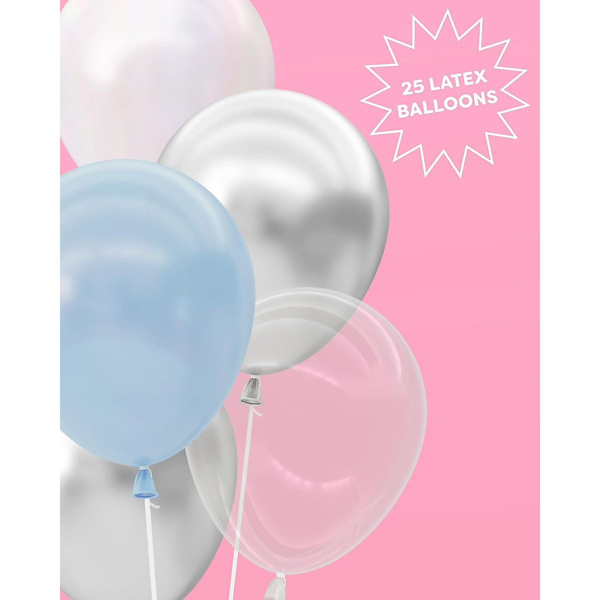 xo, Fetti Blue, Pearl White, Clear, Silver, Latex Balloons - 25 pk, 12" | Cloud Nine Bachelorette Party Decorations, Birthday Party Supplies, Bridal Shower, Boy Baby Shower, Winter Holiday