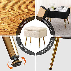 Furniliving Vanity Stool Chair with Storage, 19.75" W x 14.75" D x 18.5" H Modern Pleated Velvet Design Makeup Chair with Metal Legs, Upholstered Footrest Storage Bench for Bedroom, Khaki