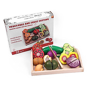 Wooden Cutting Fruit Vegetables Set for Kids - Pretend Play Food Toy Set with Wooden Knife and Tray Learning Toys for Toddlers (Fruit-E)