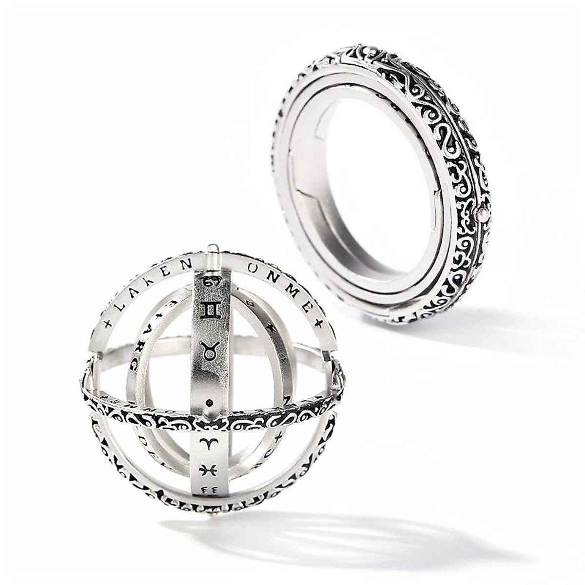 Jeulia Open Astronomical Sphere Ball Ring Men Women Foldable Comic Finger Ring 925 Sterling Silver Chain Necklace Couple Lover Jewelry Gifts (With A Free Chain) (Silver)