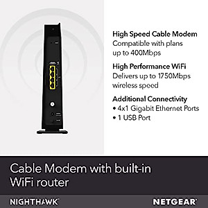 NETGEAR Cable Modem WiFi Router Combo C6300 | Compatible with Providers Xfinity by Comcast, Spectrum, Cox | Plans Up to 400Mbps | AC1750 WiFi Speed | DOCSIS 3.0.