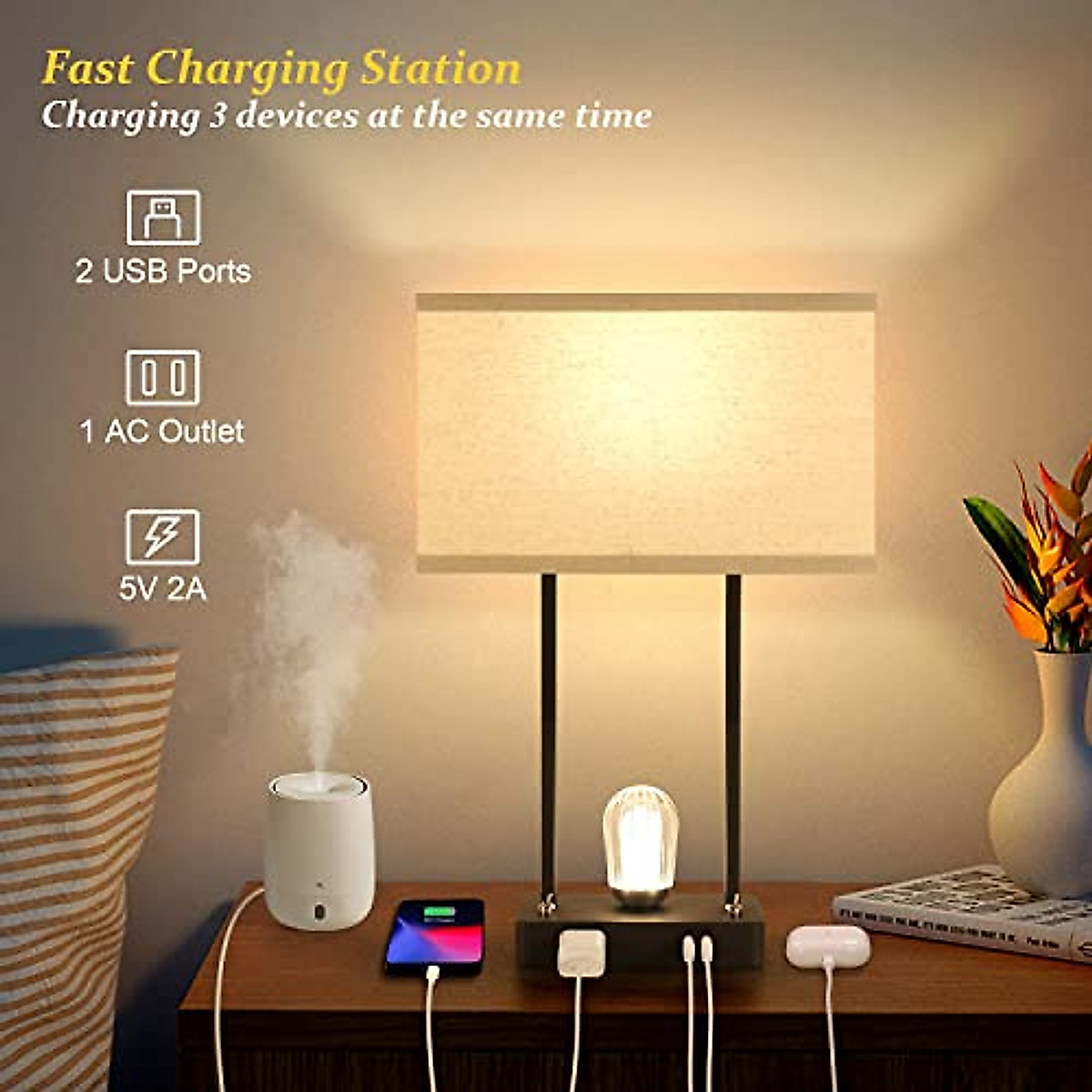 Table Lamps for Bedrooms Set of 2 - Bedside Lamps with Night Light+USB Port&AC Outlet Charging, Modern Black Nightstand Lamps with Linen Fabric Lampshade for Bedroom Living Room (4 Blubs Included)