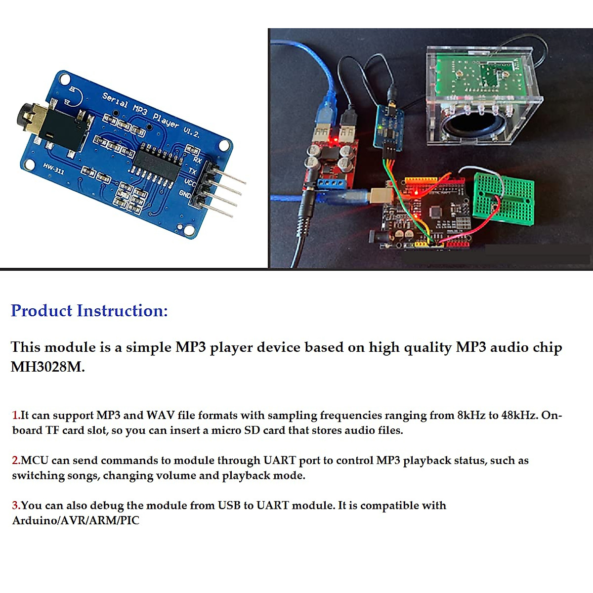 Aideepen YX5300 UART Control Serial MP3 Music Player Module Support MP3 / WAV Micro SD/SDHC Card/AVR/ARM/PIC