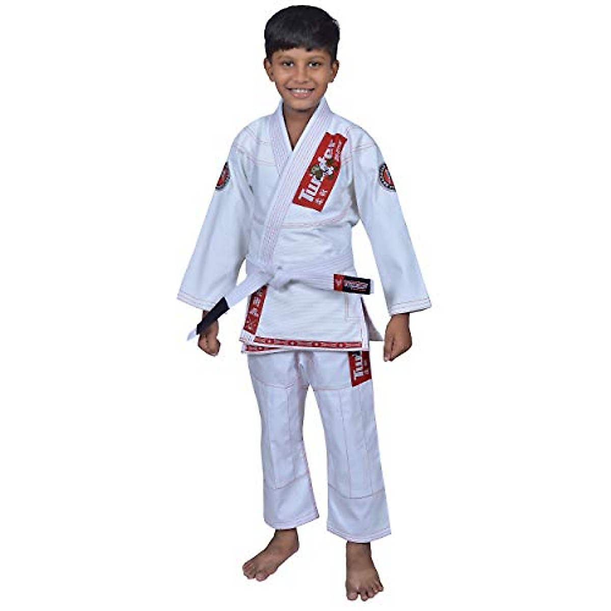 Twister Kids Jiu Jitsu Gi Ultra Light Fabric Youth BJJ Gi with free White Belt Included (White/Red, C1)