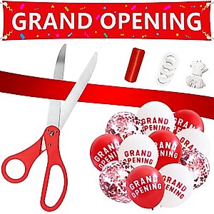 PURREITTI Red Grand Opening Ribbon Cutting Ceremony Kit with 25" Giant Scissors, 5Yd 4" Wide Ribbons, 10Ft Grand Opening Banner with Rope, 30 Pack Balloons Set with 3 Rolls 32Ft Ribbons