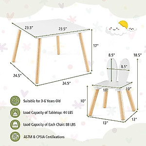 Costzon Kids Table and Chair Set, 3 Pieces Wooden Activity Play Table & 2 Cute Rabbit, Solid Wood Legs, Space-Saving Toddler Furniture for Preschool, Nursery, Children Playroom & Kindergarten (White)