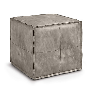 SIMPLIHOME Brody Square Pouf, Footstool, Upholstered in Distressed Grey Faux Leather, for the Living Room, Bedroom and Kids Room, Transitional, Boho