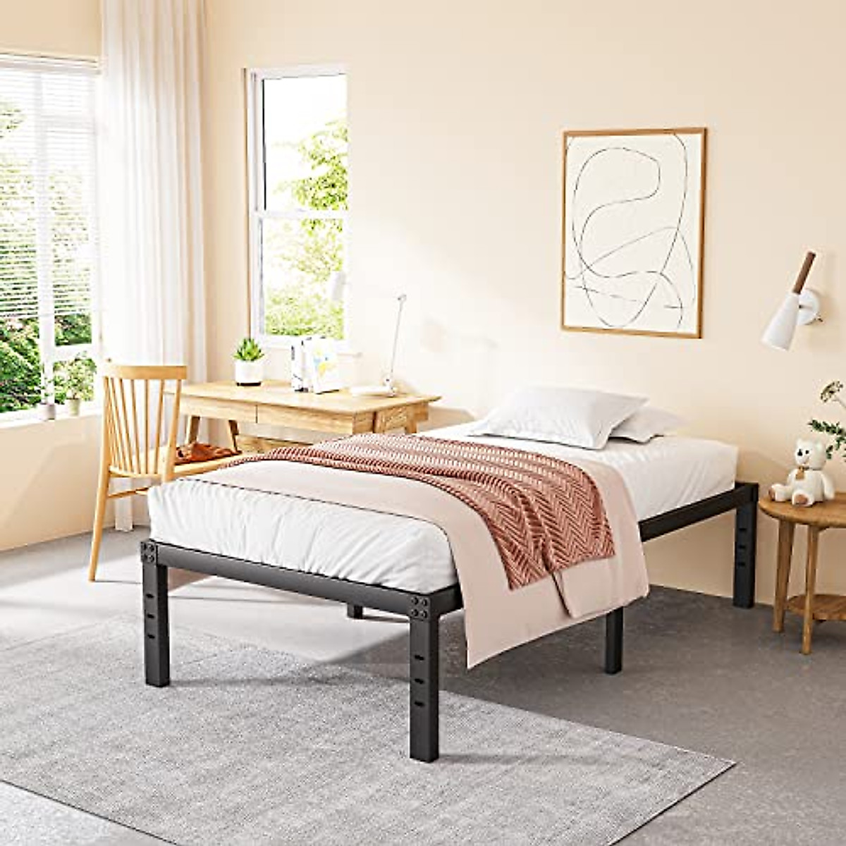 Cleaniago Twin Size Bed Frame, Wooden Slats Support, 16 Inch High, Heavy Duty 2500 Pounds Support for Mattress, No Box Spring Needed, Noise Free, Easy Assembly, Black