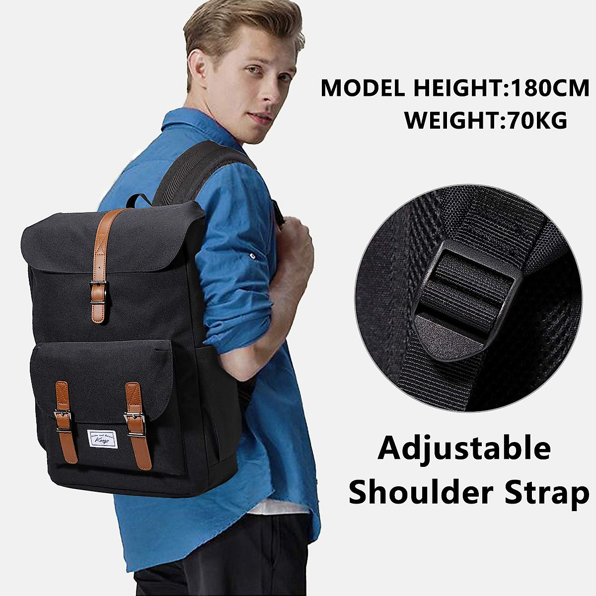 Kasqo Backpack for Men and Women, 15.6 Inch Laptop School Backpack Large Capacity Water Resistant Drawstring Flap School Bag College Student Bookbag, Black