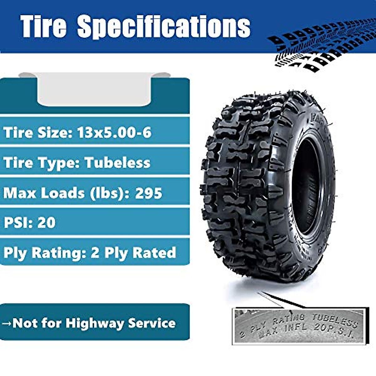 UCUT 13x5.00-6 Turf Tires for Lawn and Garden Mower, 13x5x6” Lawnmower Tires ,2PR,Tubeless,295LBS Capacity,(2 PCS)