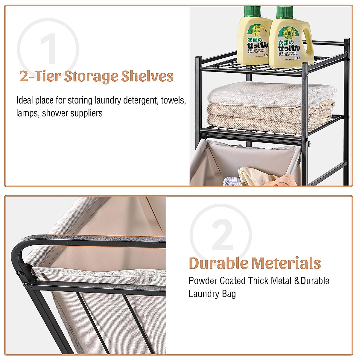 PLKOW Tilt Out Laundry Hamper with Shelf, Laundry Basket Laundry Hamper Cabinet with Removable Liner Bag, 65 Liter, 15.8L x 15.8W x 40H Inch