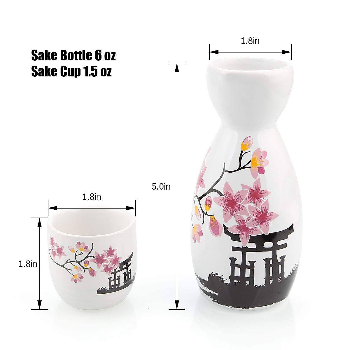 ABuff Japanese Sake Set, 1 Tokkuri Bottle & 4 Ochoko Cups, Spring Blossoms Ceramic Sake Set- Microwave and Dishwasher Safe