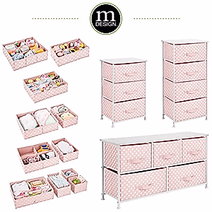 mDesign Storage Dresser End/Side Table Night Stand Tower Unit with 3 Removable Fabric Drawers - Organizer for Baby, Kid, and Teen Bedroom, Nursery, Playroom, or Dorm, Pink/White Polka Dot