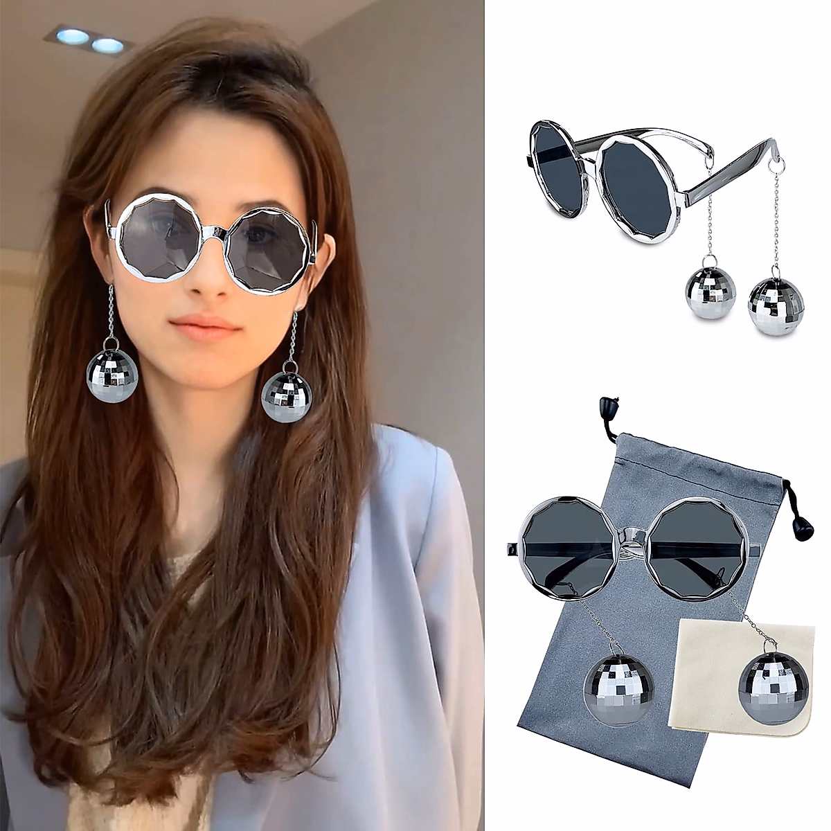 POPCIEL Retro Disco Ball Glasses Funny Party Sunglasses - Party Favor (Silver), 7.28*4.13*1.57 inch