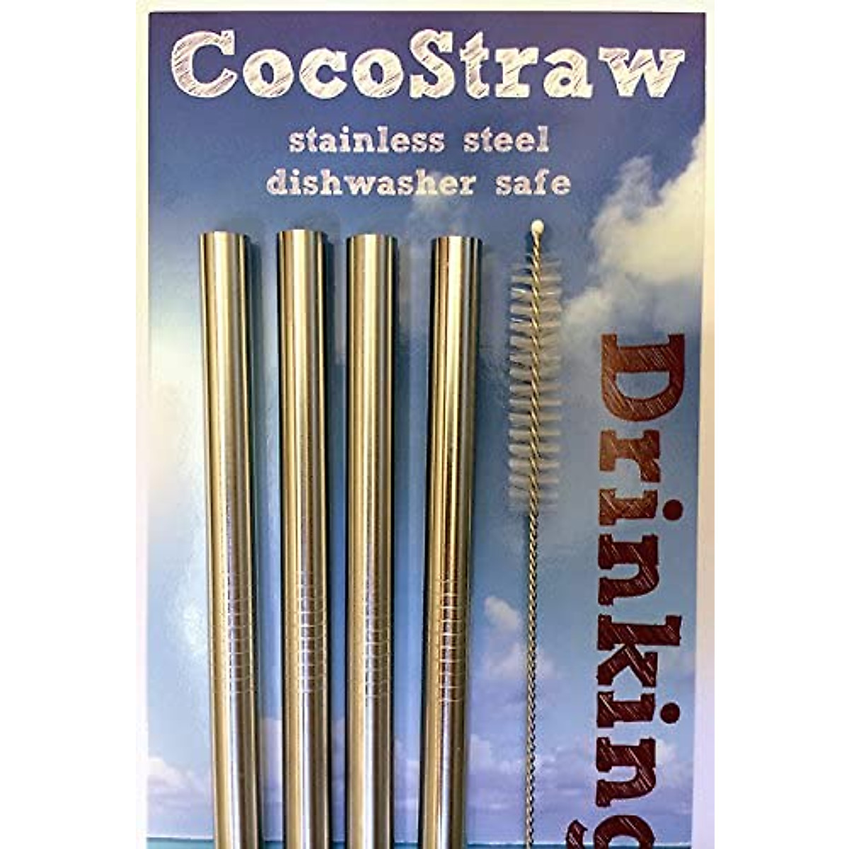 4 Stainless Steel Wide Smoothie Straws - CocoStraw Large Straight Frozen Drink Straw - 4 Pack + Cleaning Brush (4)