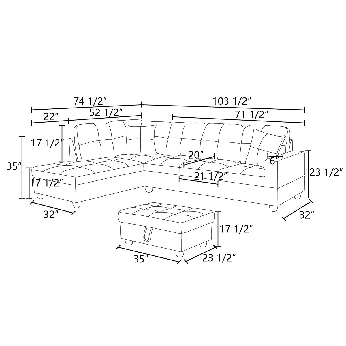 NOTOP 3-Piece Linen Leather L-Shaped Sectional Sofas, Button Tufted Upholstered Couch Set with Left Chaise Longue and Storage Ottoman, for Living Room, Home, Office, Grey