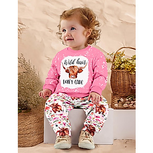 ADIFUN Baby Girl Clothes 18-24 Months Girl Clothing Fall Winter Outfits Wild Hair Don't Care Highland Cow Pink Sweatshirt Flower Pants Western Cowgirl Outfit