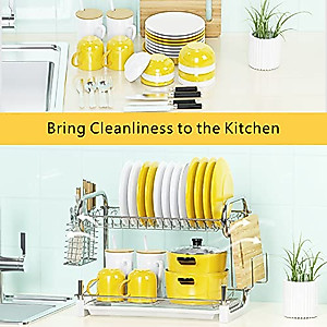 iSPECLE 2 Tier Dish Drying Rack, Dish Rack with Drainboard Set Dish Drain Utensil Holder, Cutting Board Holder for Small Kitchen Countertop